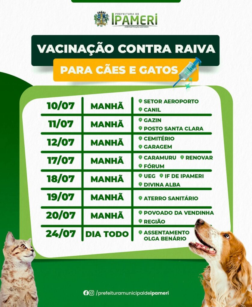 Disponível vacinação contra raiva (cães e gatos) da zona rural ...